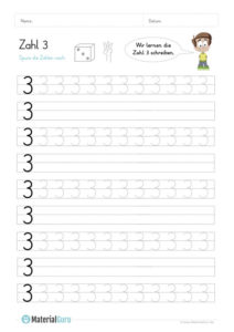 Zahl 3 schreiben lernen - MaterialGuru